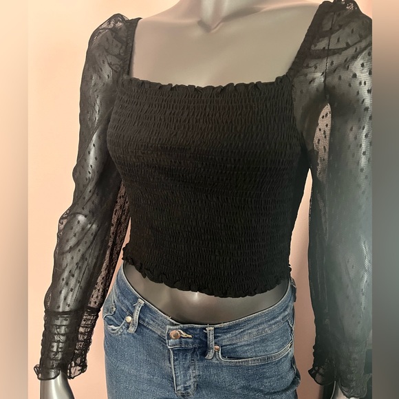 ASOS | Tops | Sheer Mesh Black Polka Dot Sleeved Smocked Crop Top ...